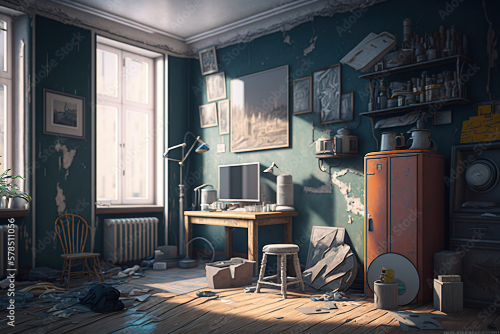 Shabby apartment with a lot of rubbish , concept of Cluttered and ...