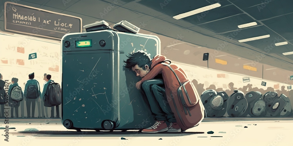 Poster Person dragging heavy suitcase along crowded and noisy airport ...