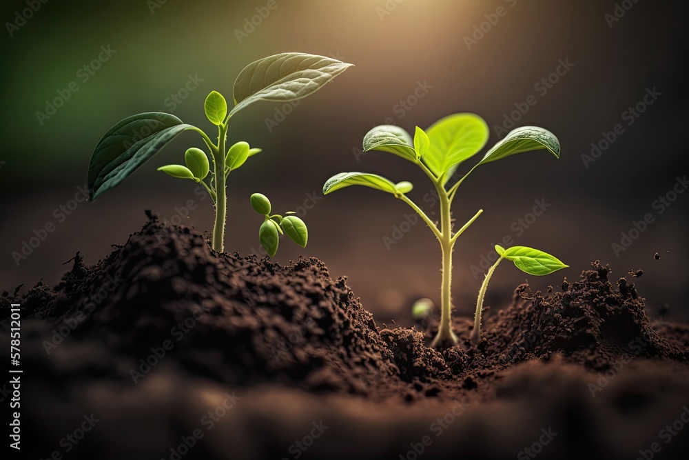 Realistic illustration of small plants sprouting from soil with sun ray ...