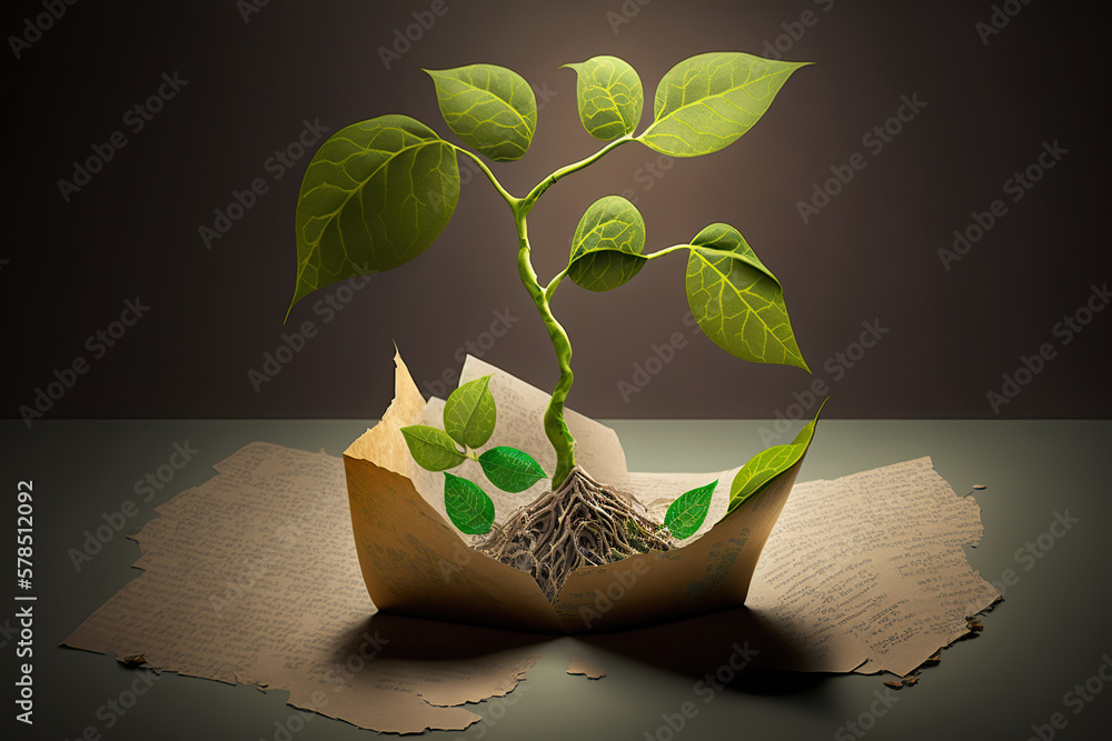 Sprout of small tree with green leaves growing from paper, concept of ...