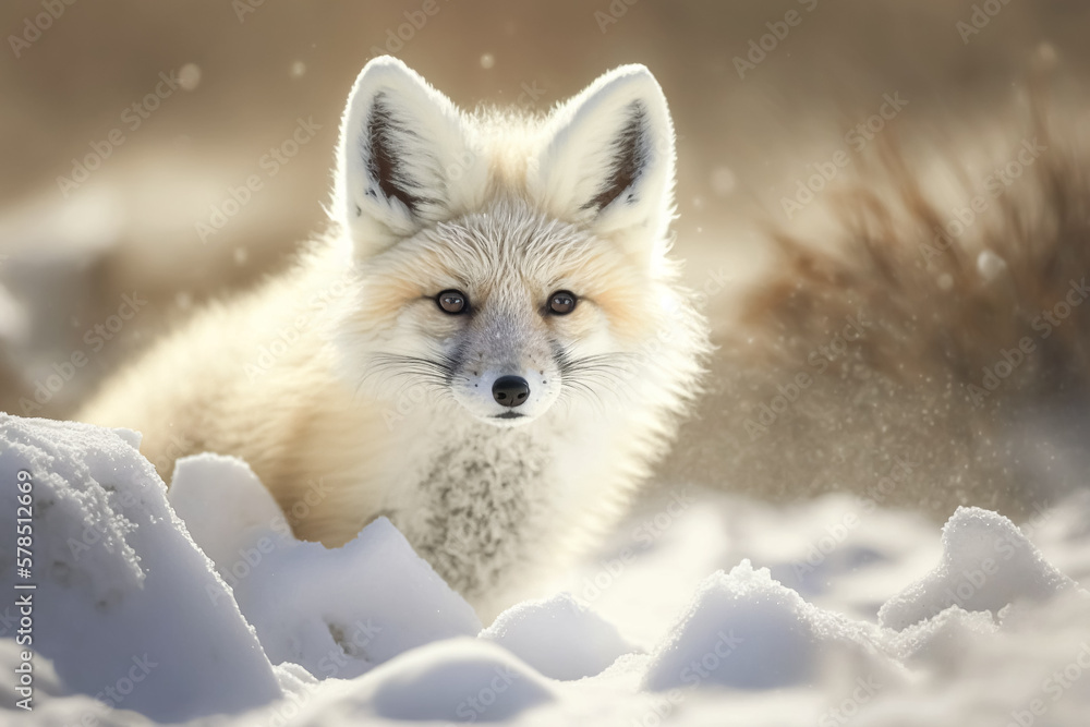 ZORRO BLANCO EN LA NIEVE. ILUSTRACION. COLOR. IA GENERATIVA. HORIZONTAL ...