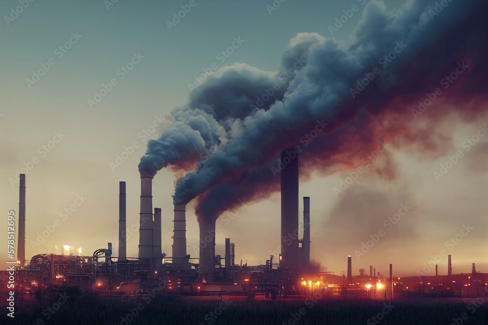 Dark smoke releasing from the factory plant smokestack. Air pollution ...