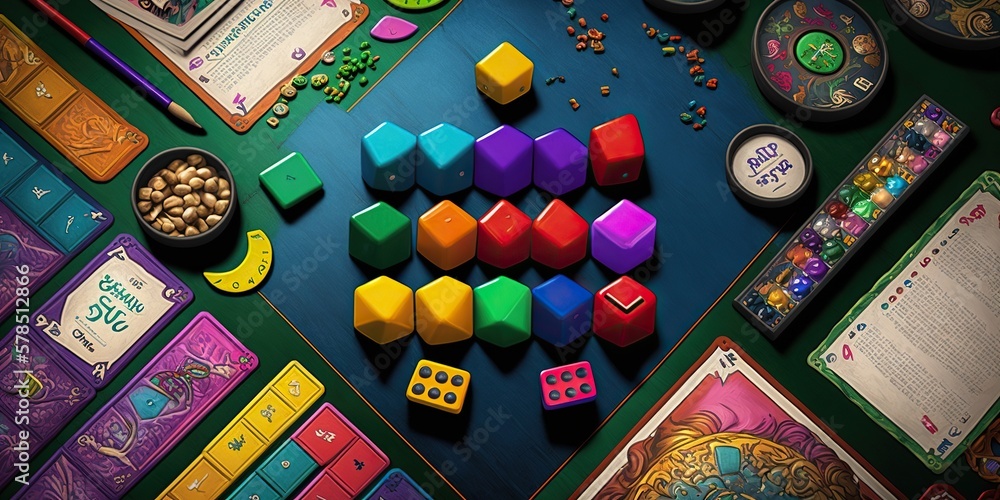 board game setup with various cards game pieces and dice arranged on a ...