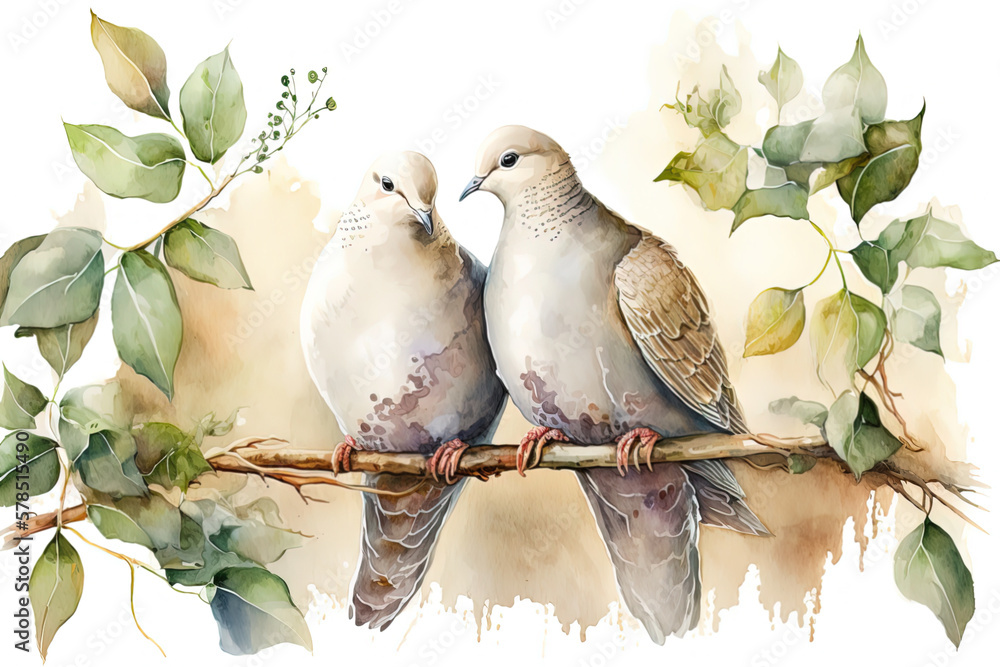Generative AI. Portrait of two doves in love, watercolor painting. Bird illustration. Stock ...