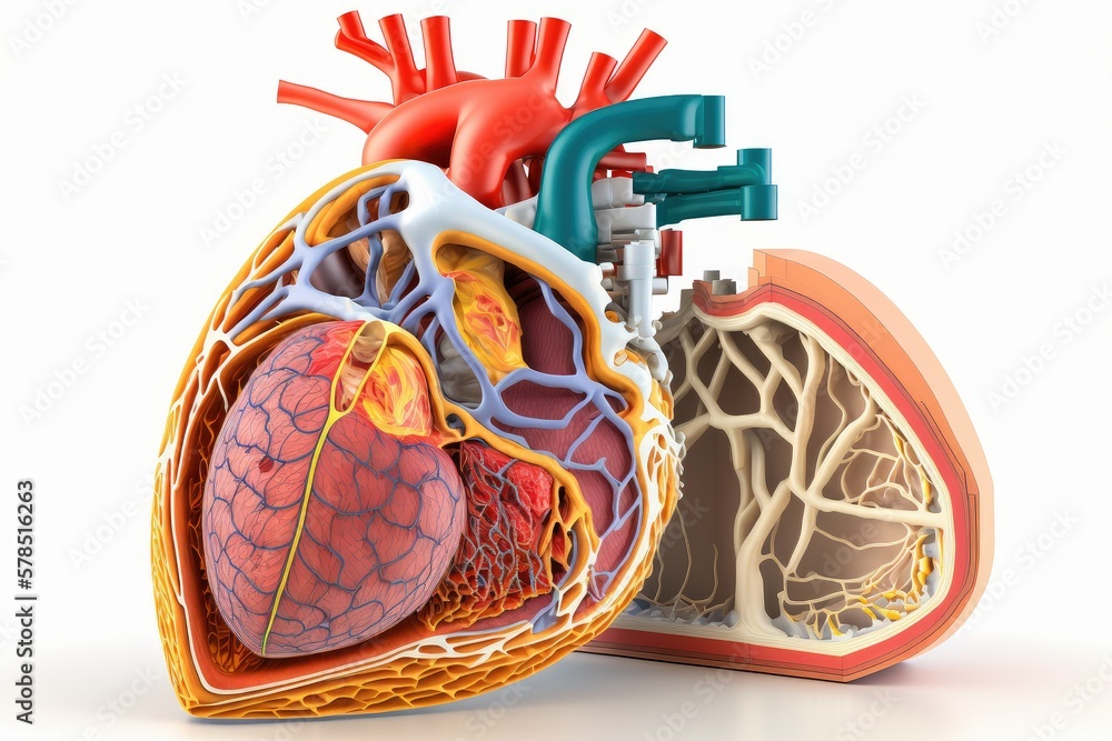 3d render cross section of the human heart in detail on white ...