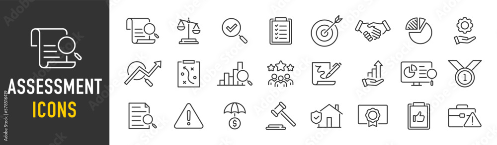 Assessment web icon in line style. Calculator, check mark, auditing ...
