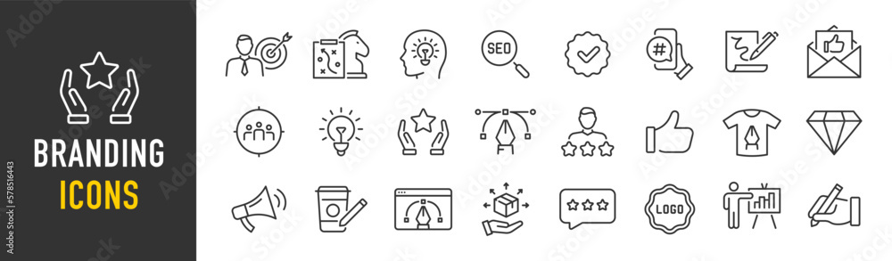 Branding web icon set in line style. Digital marketing, product, logo ...