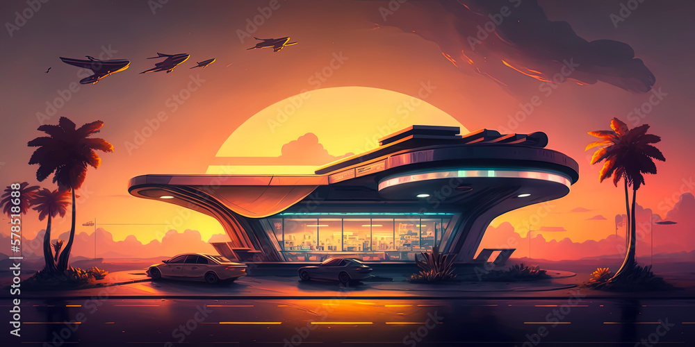 A sci-fi take on the classic American diner: Sunset cafe on a retro ...