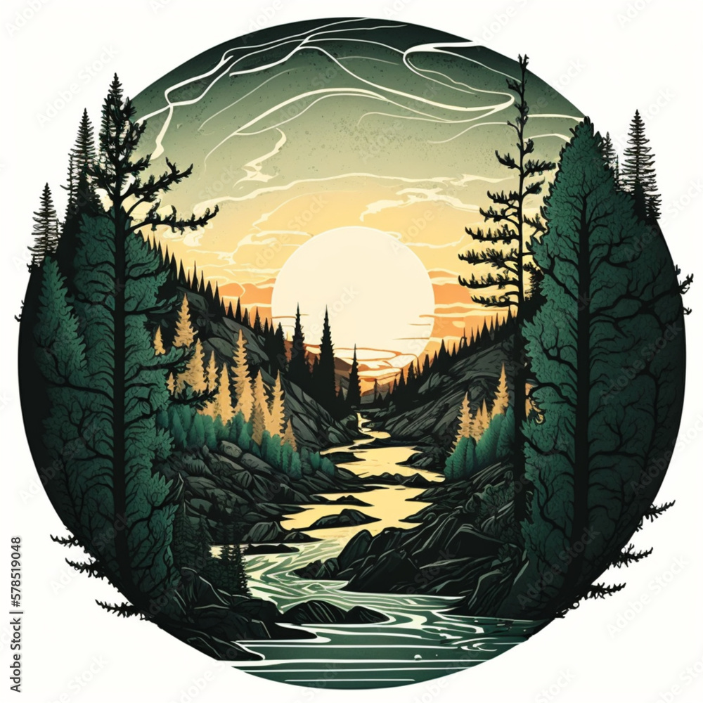 Poster, Foto Forest Against Sunset Print Clip Art on White Background ...