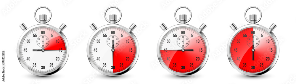 Realistic classic stopwatch icons. Shiny metal chronometer, time ...