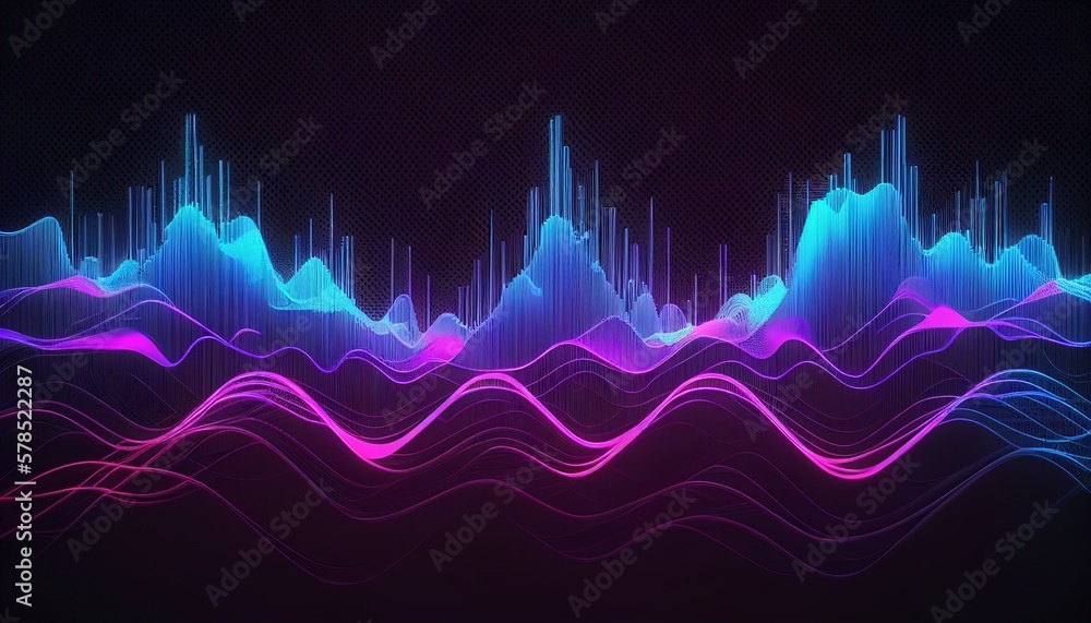 3d render, pink blue wavy neon lines, electronic music virtual ...
