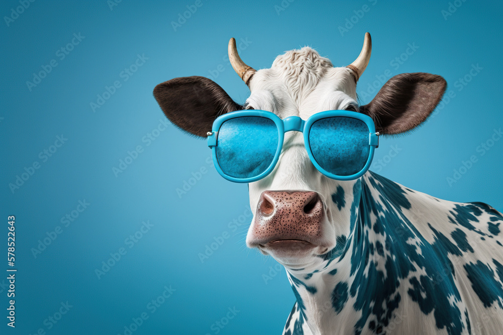 Funny cow with sunglasses in front of blue studio background, concept ...
