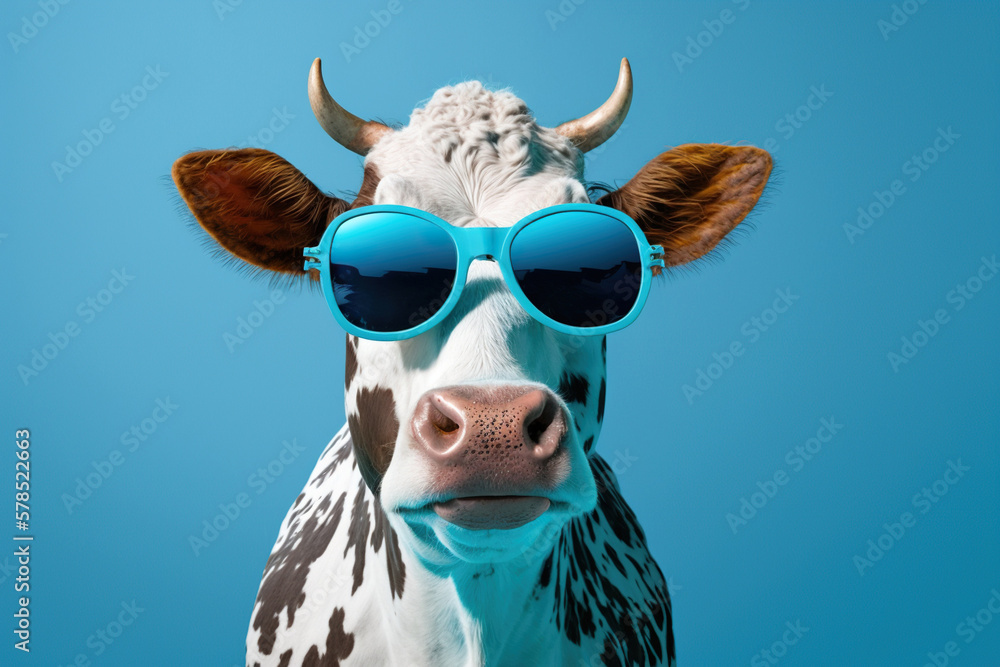 Funny cow with sunglasses in front of blue studio background, concept ...