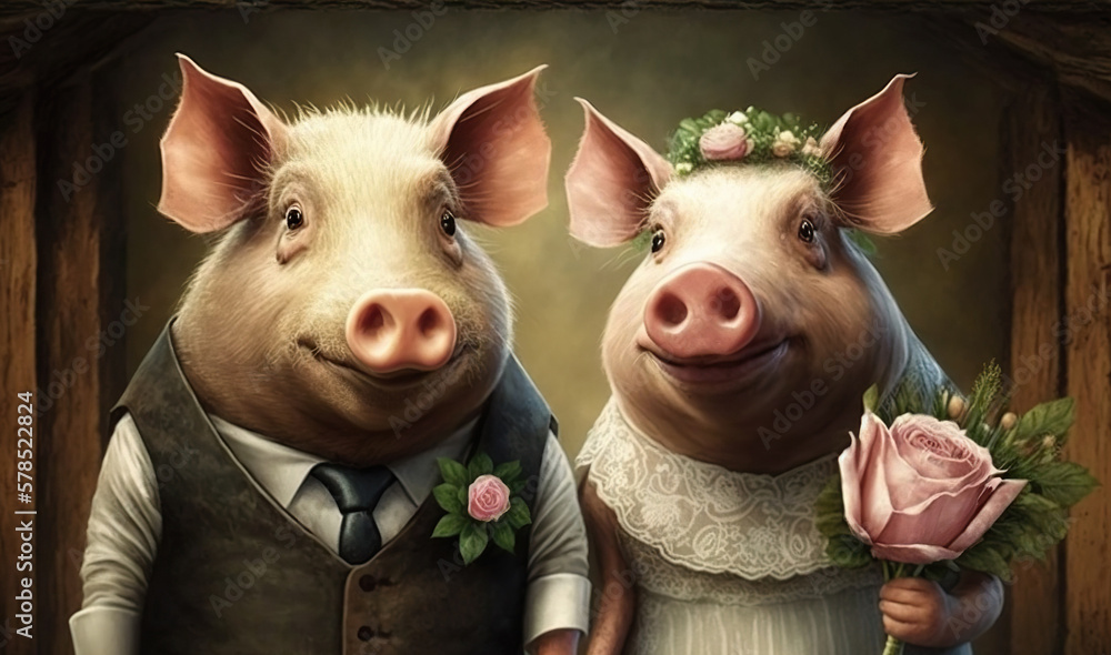 Just married pigs, concept of Commitment and Celebration, created with ...