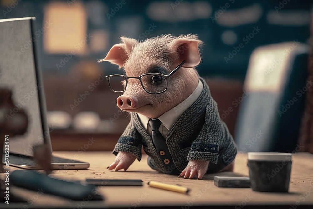 Piglet in business suit works in a bank as a manager, concept of ...