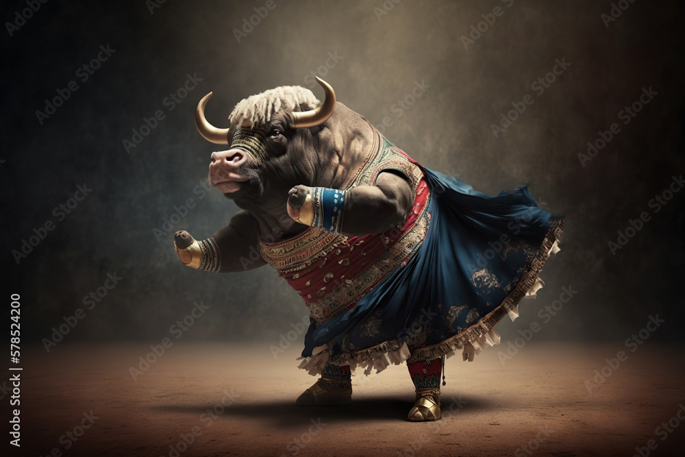 Bull dressed as a balley dancer training, concept of Costume Change and ...
