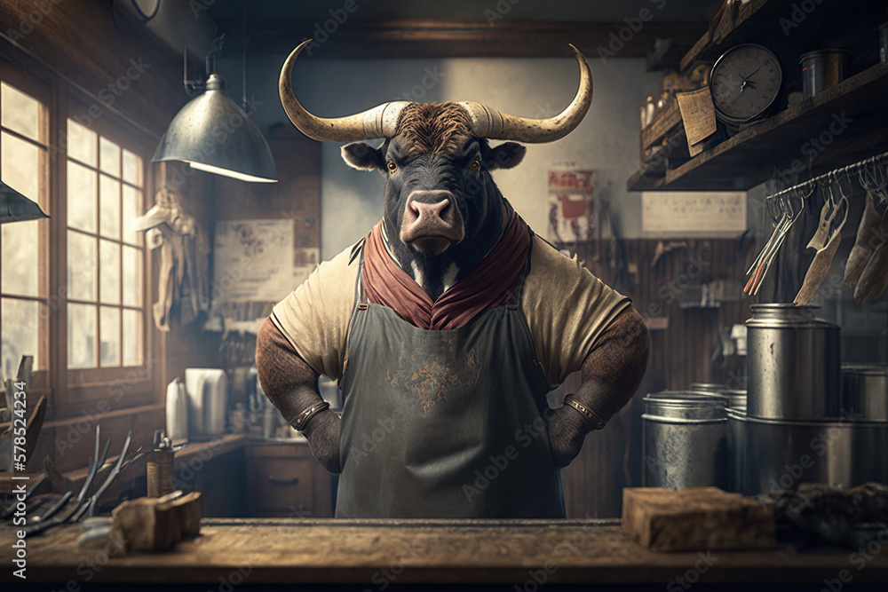 Bull dressed as a butcher stand in shop, concept of Humor and Satire ...