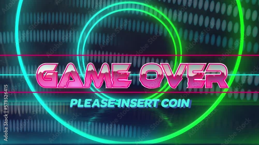 Animation of game over text banner over neon concentric circles and ...