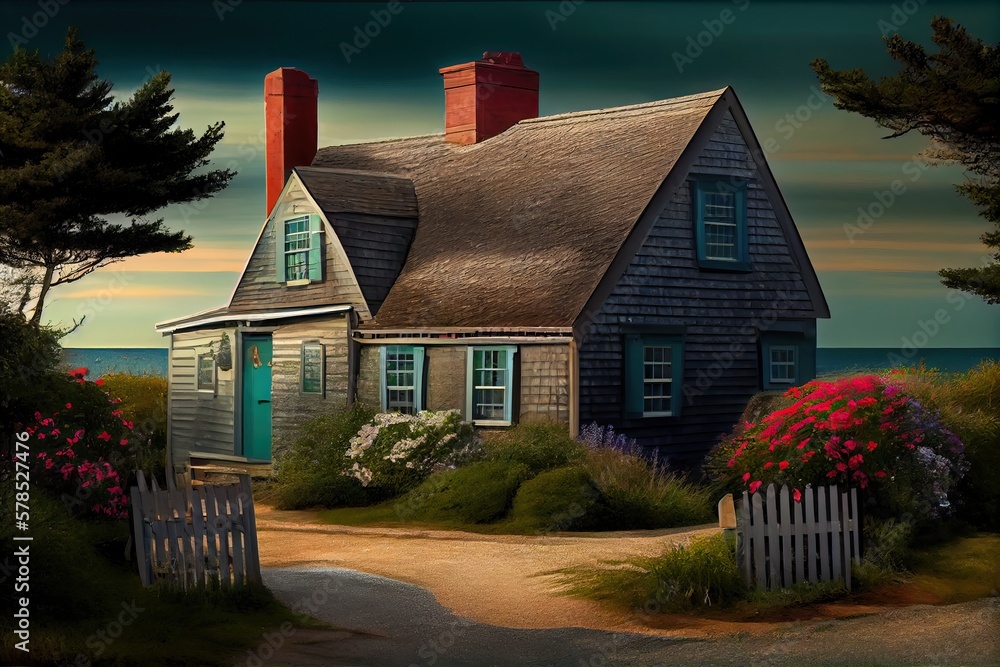 Cute wooden house in the coast, cape cod style, generative AI Stock ...