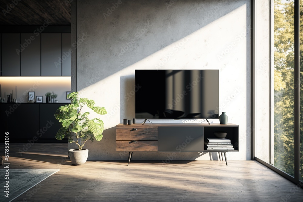 Television put on tv stand wood table, in minimal empty spave room ...