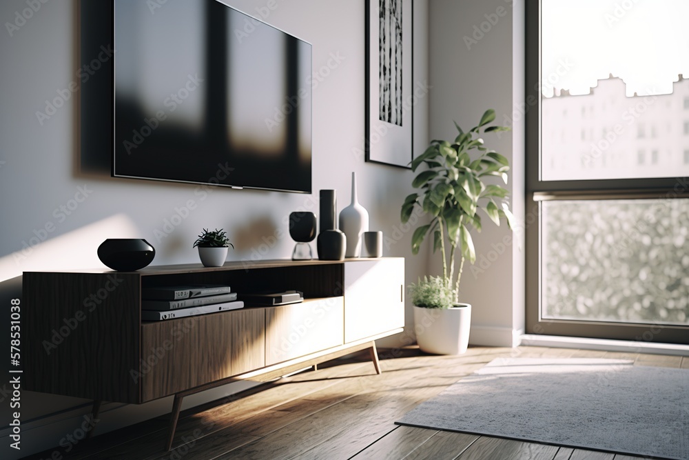 Television put on tv stand wood table, in minimal empty spave room ...