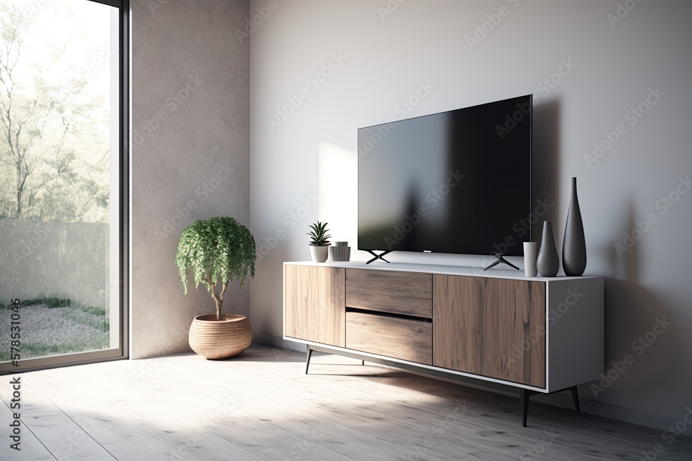 Television put on tv stand wood table, in minimal empty spave room ...