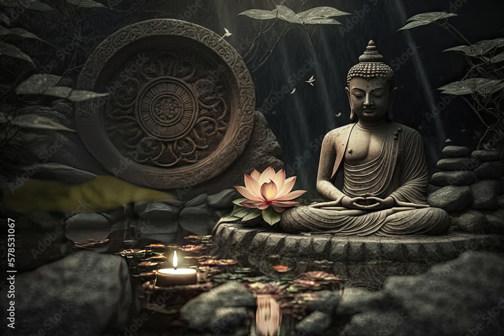 Zen garden with gold buddha statue and lotus flower, generative AI ...
