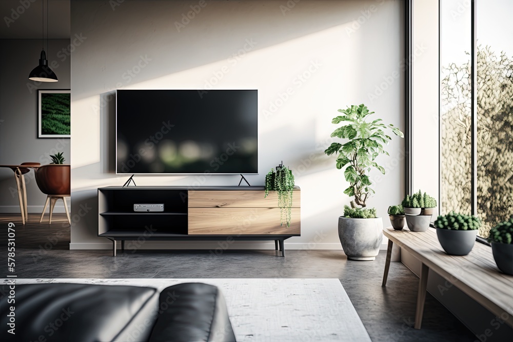Television put on tv stand wood table, in minimal empty spave room ...