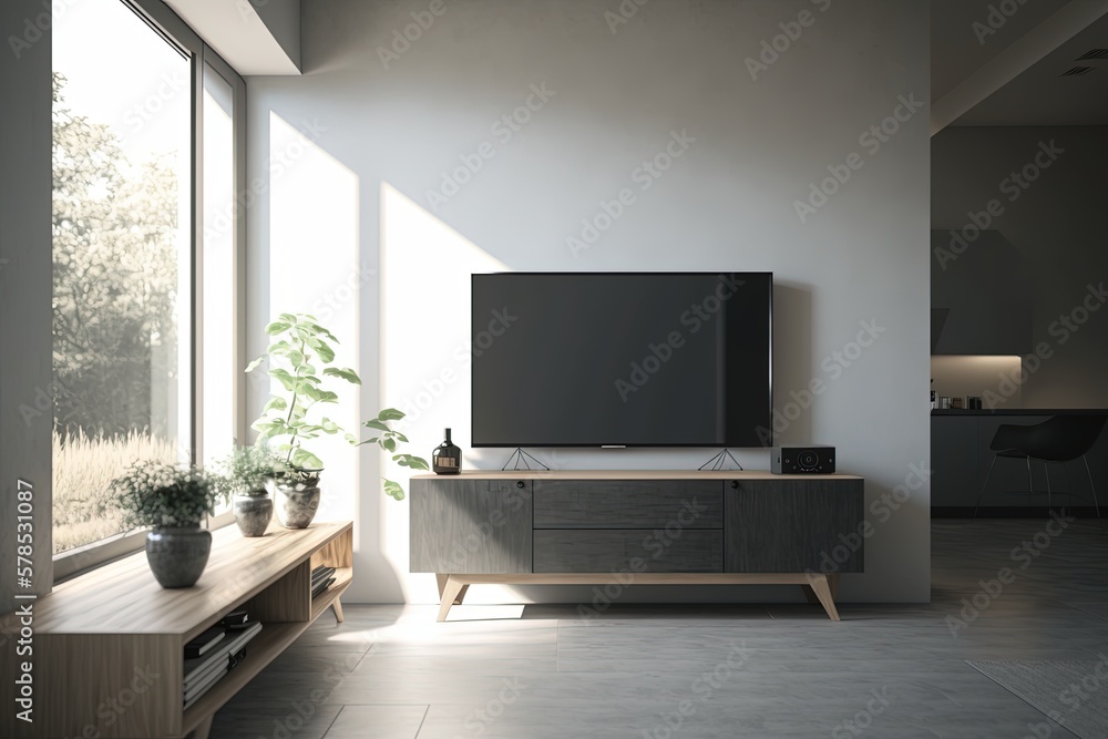 Television put on tv stand wood table, in minimal empty spave room ...