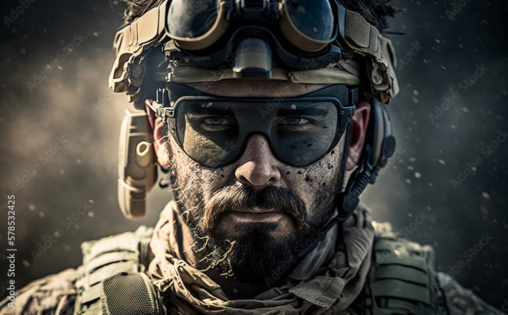 a adult man, soldier in uniform with hard hat and goggles and beard ...
