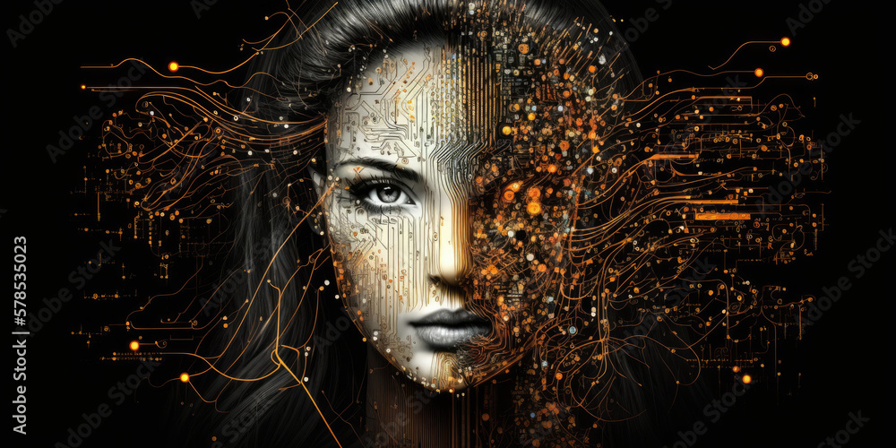 Feminine Face comprised of computer chips and circuits, concept of ...