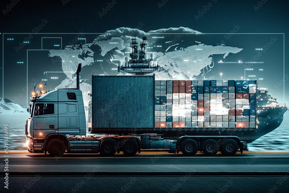 a truck with a trailer next to shipping containers at the port ...