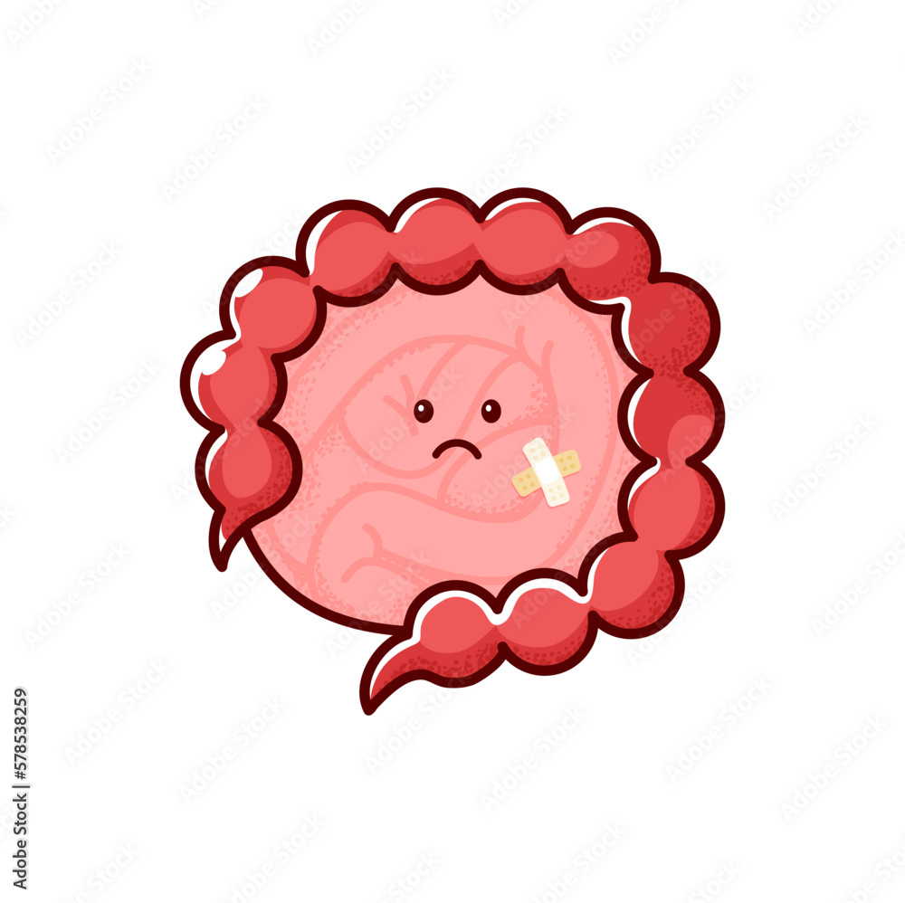 Cartoon sick intestines organ character with vector colon and guts ...