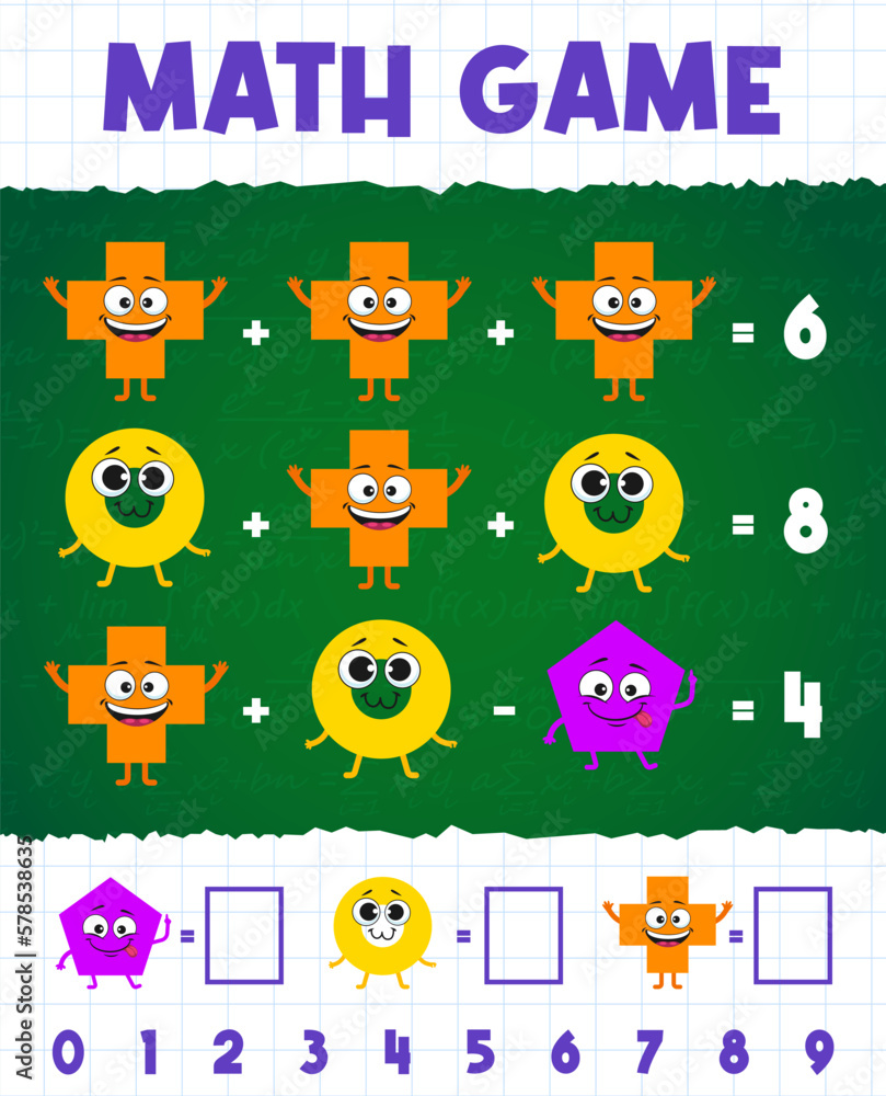 Math shape characters. Math game worksheet. Vector mathematics riddle ...