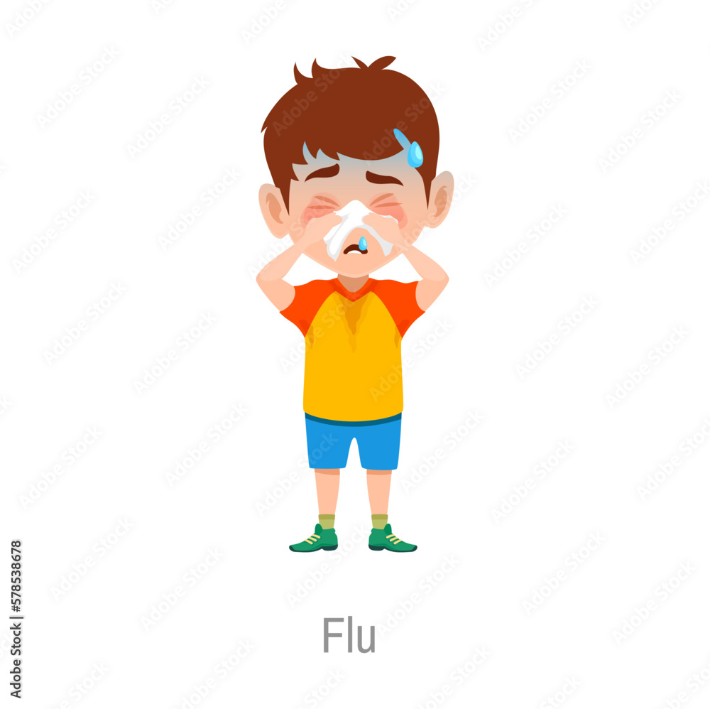 Child with flu disease. Isolated vector sick boy with fever and runny ...