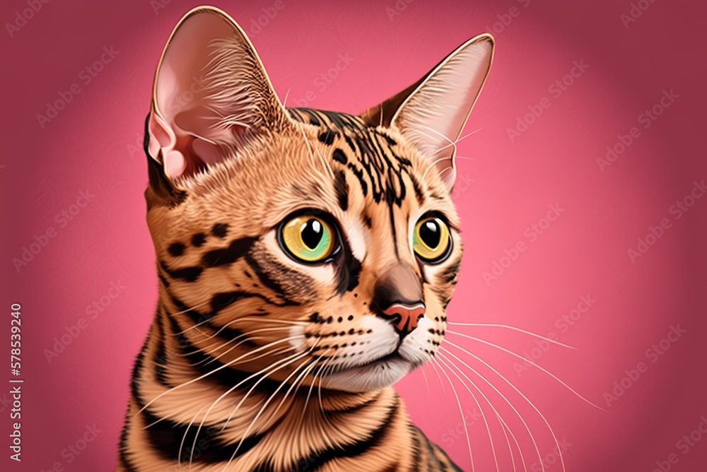 Picture of a bengal cat's head, isolated on a rosy backdrop Generative ...