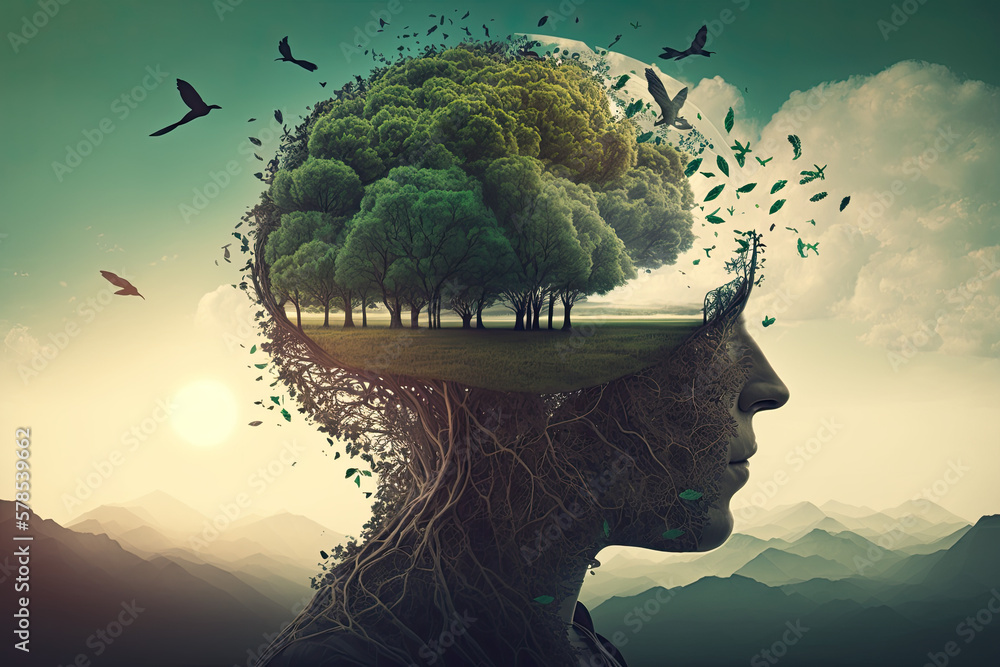Double exposure woman profile and nature mental health earth day therapy anxiety awareness ...