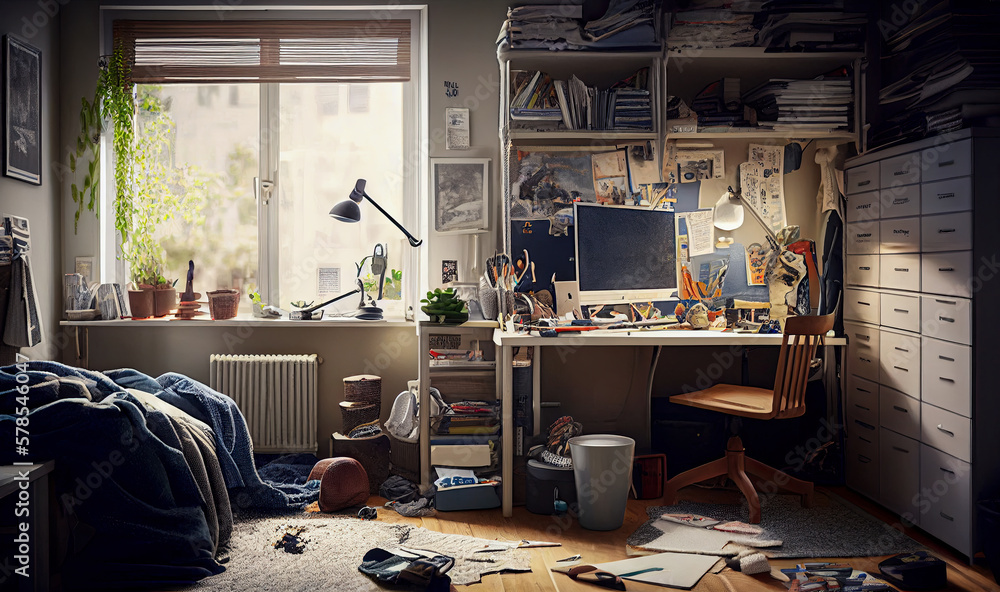 A very messy bedroom or study room that needs a lot of cleaning and ...