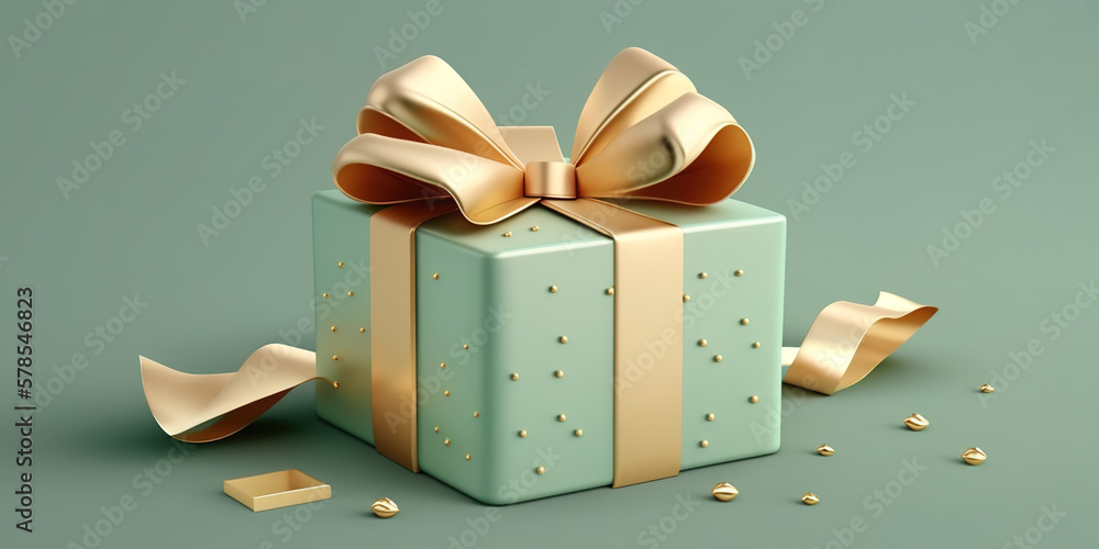 3D gift box, gold ribbon bow on blue pastel background. Present mockup ...