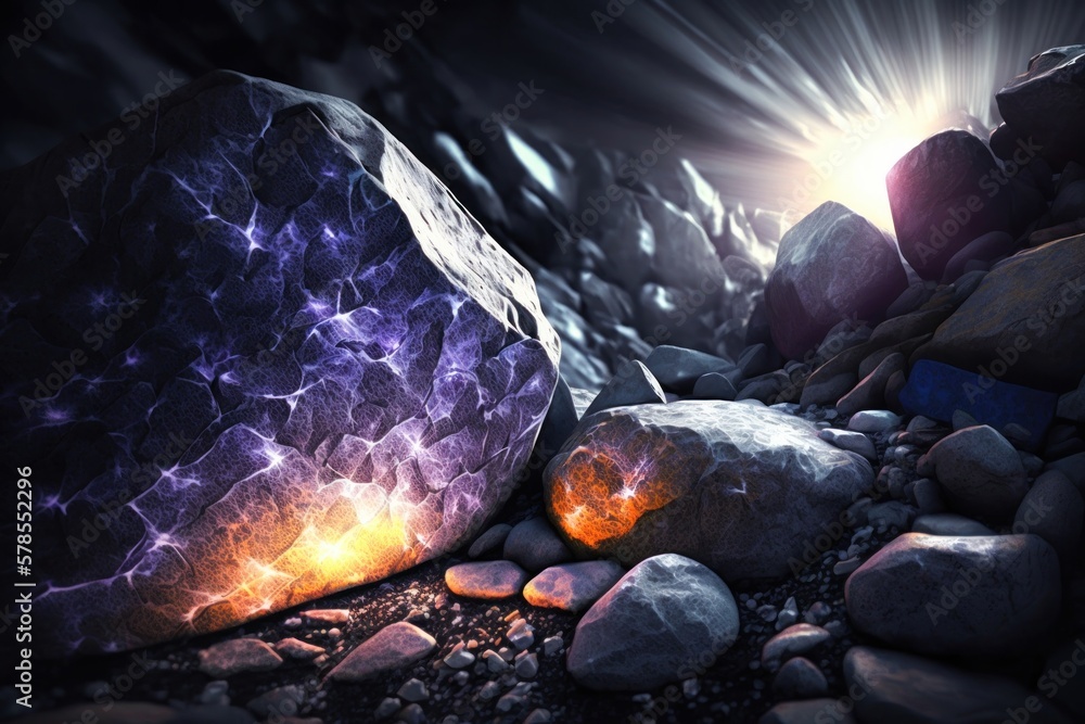 Fantasy stones abstract background with neon lights. Mystery stone ...