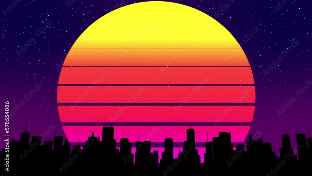 Horizontal side scrolling of silhouette skyscrapers with retro animated ...