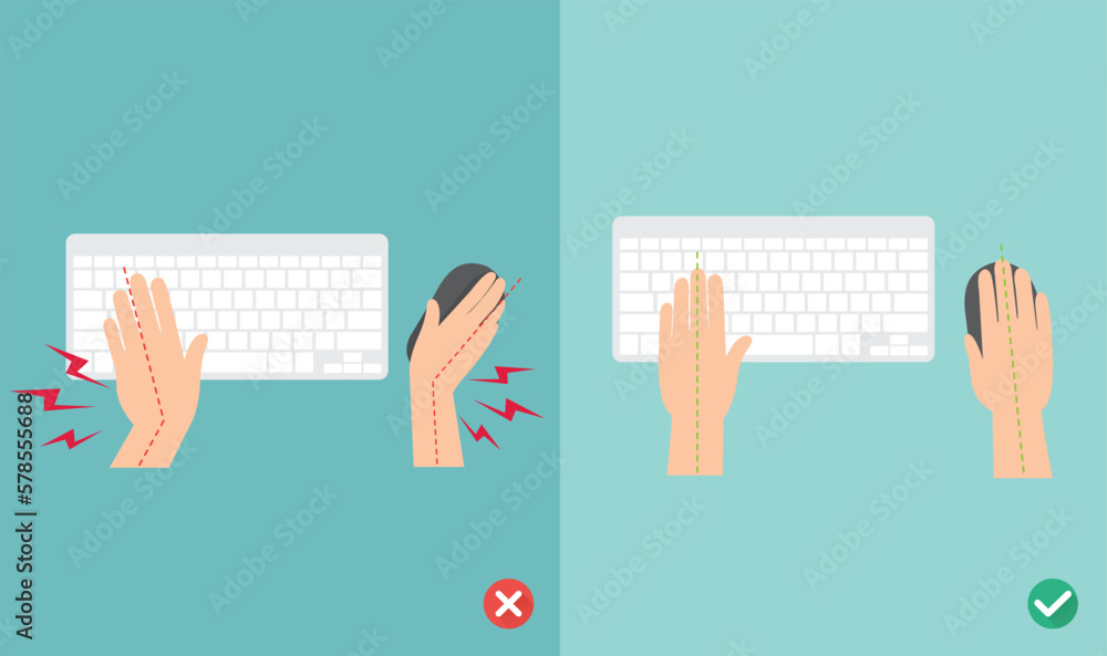 wrong and right ways for hand position in use keyboard and mouse illustration, vector Stock ...