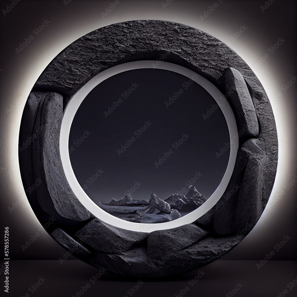 A black stone circle frame on black background. Detailed natural rock ...