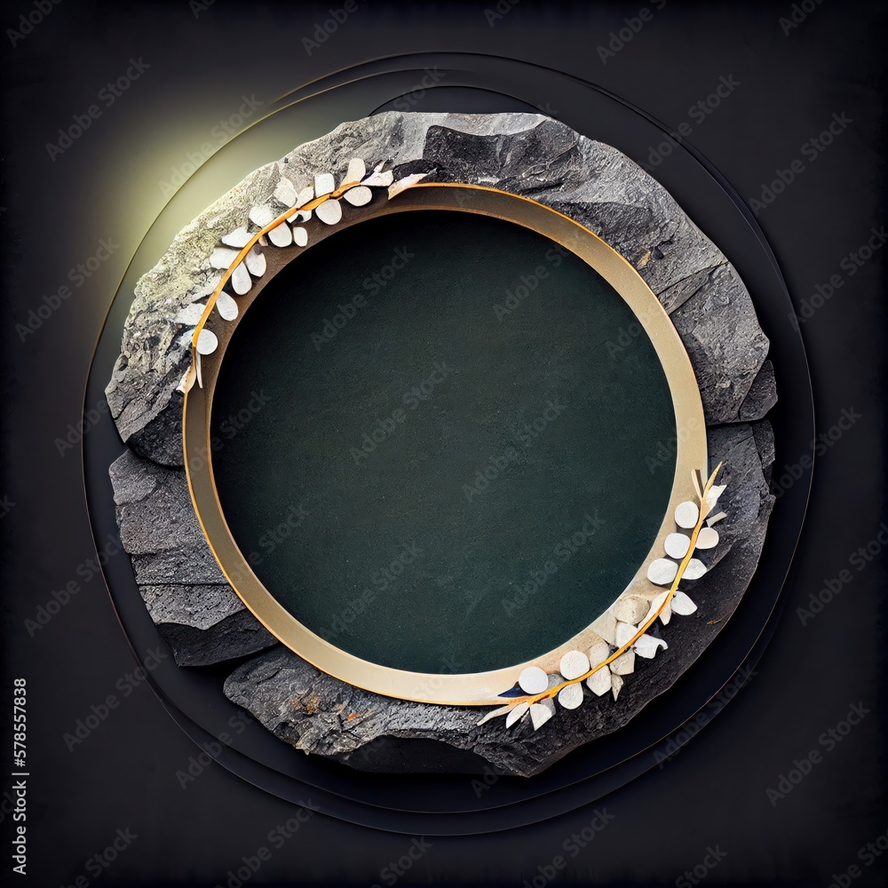 An empty stone circle frame with floral elements on black background ...