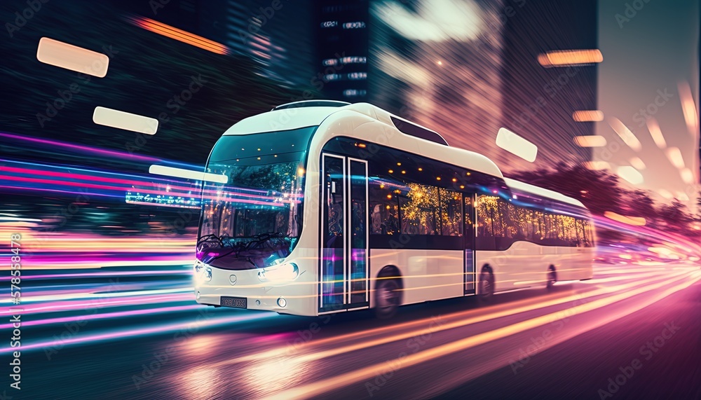 hi-tech future car with light trail and speed blur cityscape background ...