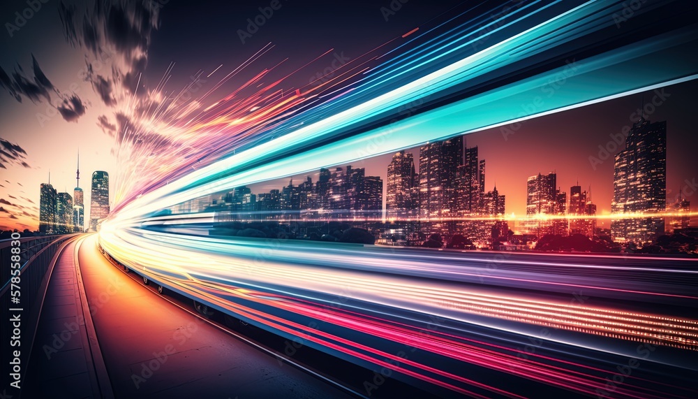 light motion line trail of street traffic at night time, at urban ...
