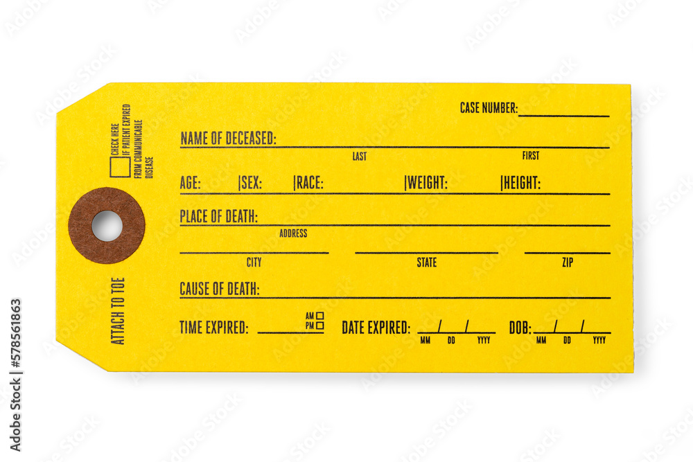 Yellow Dead Body Identification Tag used by attaching to toe Isolated ...