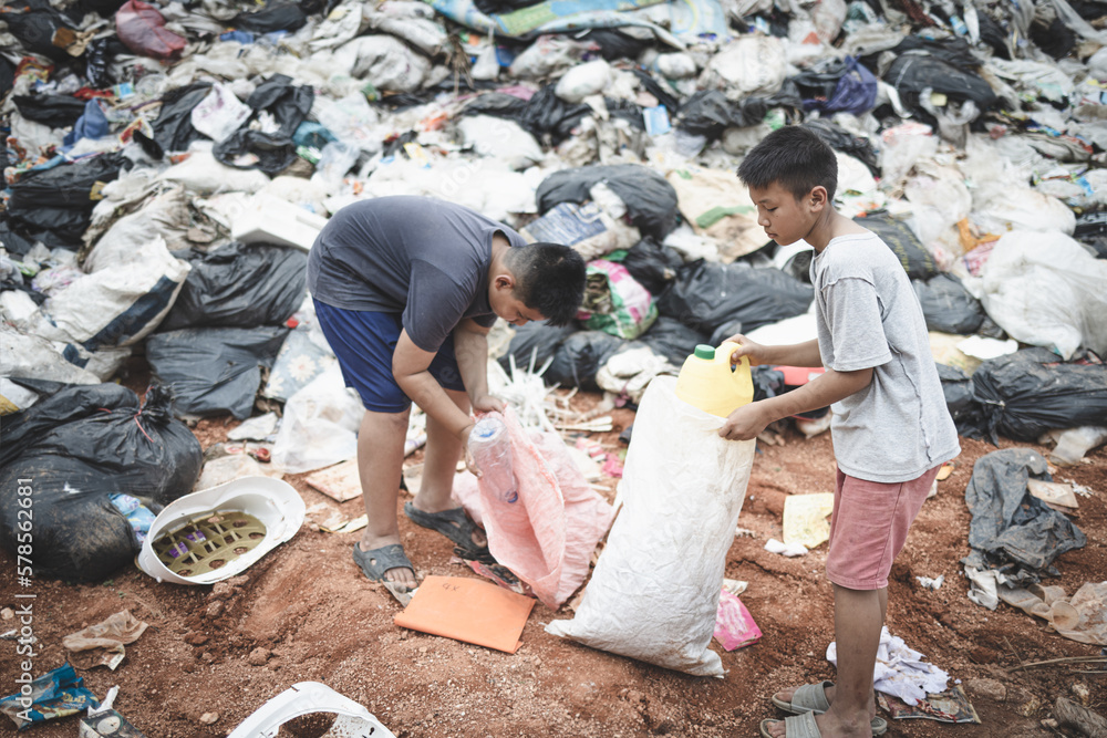 Poor children collect garbage for sale because of poverty, Junk recycle ...