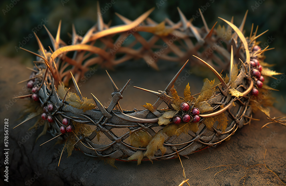 High angle crown of thorns. Crown of thorns on ground. Still life of ...