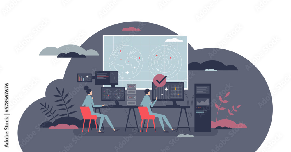 Poster Cyber security control room with surveillance center tiny person ...